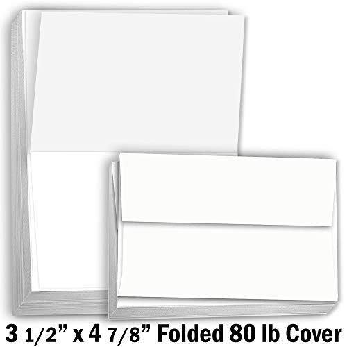 Hamilco White Cardstock Thick Paper – 3 1/2 x 4 7/8" Blank Folded Small A1 Cards with Envelopes - Greeting RSVP Invitations Stationary - Heavy weight 80 lb Card Stock for Printer - 100 Pack