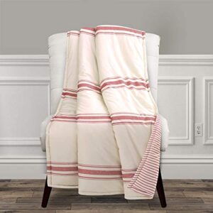 lush decor farmhouse stripe throw - reversible ticking pinstripe design blanket, 50" x 60", red