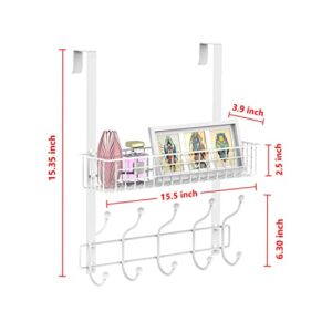 MILIJIA Coat Rack, Over The Door Hanger with Mesh Basket, Detachable Storage Shelf for Towels, Hats, Handbags, Coats (White)