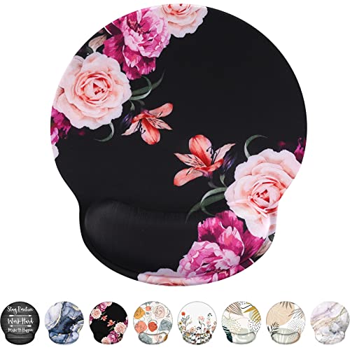 iLeadon Mouse Pad Wrist Support, Ergonomic Mouse Pad with Wrist Rest, Non-Slip Rubber Base Memory Foam Mousepad for Home Office Computer, Laptop, Easy Typing & Pain Relief, Adorable Peony Flower