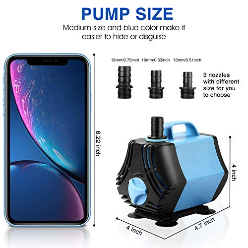 KEDSUM 800GPH Submersible Water Pump(3000L/H,60W), Ultra Quiet Submersible Pump, Fountain Pump-10ft High Lift, 6.6ft Power Cord, 3 Nozzles for Fish Tank, Pond, Aquarium, Statuary, Hydroponics