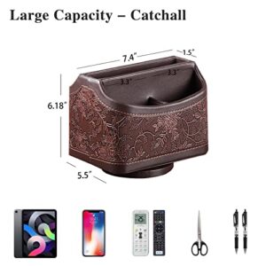 YAPISHI Antique Leather Remote Control Holder, 360 Degree Spinning Desk TV Remote Caddy/Box, Bedside Table Organizer for Controller, Media, Calculator, Mobile Phone and Pen Storage