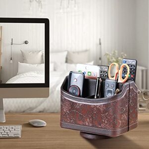 YAPISHI Antique Leather Remote Control Holder, 360 Degree Spinning Desk TV Remote Caddy/Box, Bedside Table Organizer for Controller, Media, Calculator, Mobile Phone and Pen Storage