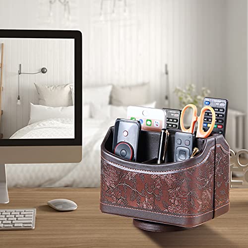 YAPISHI Antique Leather Remote Control Holder, 360 Degree Spinning Desk TV Remote Caddy/Box, Bedside Table Organizer for Controller, Media, Calculator, Mobile Phone and Pen Storage