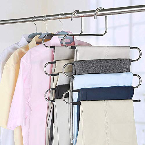 Myfolrena Hangers for Pants Clothes Hanger Non Slip Updated S-Shaped 5 Layers Hangers Closet Space Saver for Jeans Scarf Tie(4-Pack)