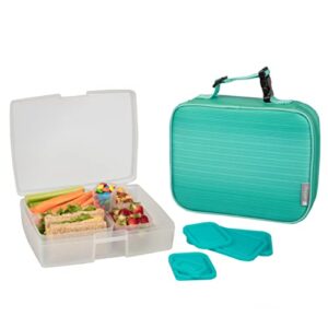 kids lunch box & bento box kit, turquoise, lunch bag tote set is insulated & keeps food cold for hours, includes bento inside, 5 removable containers & blue lids, great for girls back to school