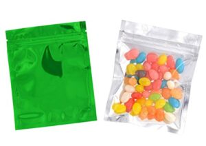 100pcs 4in x 5in self sealing mylar foil flat bag sample zipper pouch food snack storage coffee bean candy tea powder seal grip wrapper gift basket supplies xmas gift bag (green)