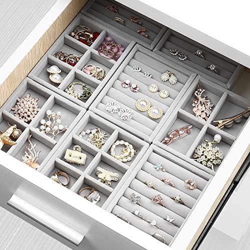 DesignSter Small Jewelry Tray, 2PCS Ring Organizer, Velvet Jewelry Display Tray, Stackable Jewelry Organizer Trays, Jewelry Drawer Organizer Inserts For Dresser, Jewelry Box (Gray)