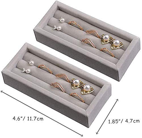 DesignSter Small Jewelry Tray, 2PCS Ring Organizer, Velvet Jewelry Display Tray, Stackable Jewelry Organizer Trays, Jewelry Drawer Organizer Inserts For Dresser, Jewelry Box (Gray)