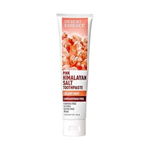 desert essence pink himalayan salt carrageenan free toothpaste 6.5 oz - non-gmo, gluten free, vegan, cruelty free, fluoride free - eco-harvest tea tree oil - fights cavity-forming sugar acids