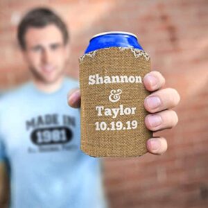 To Have and to Hold Custom Name Wedding Coolie 48-pack Custom Can Coolie Coolies Simulated Burlap