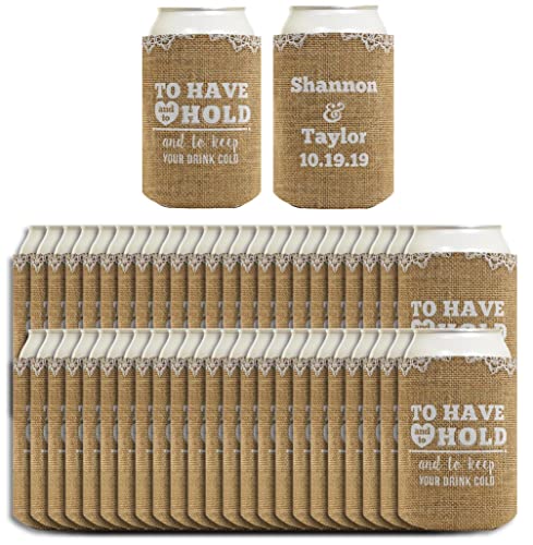 To Have and to Hold Custom Name Wedding Coolie 48-pack Custom Can Coolie Coolies Simulated Burlap