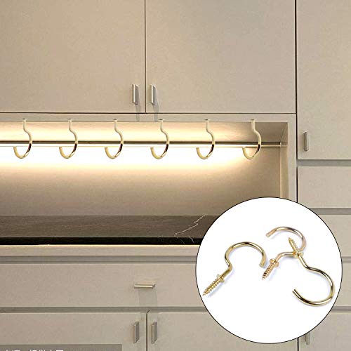 BronaGrand 20 Pieces Screw in Ceiling Hooks,2.8 inches Metal Cup Hook Hangers for Hanging Plants,Kitchen (Gold)