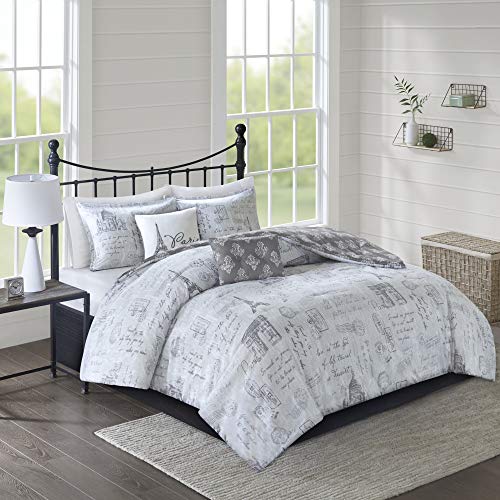 510 DESIGN 5DS10-0174 Marseille 5-Piece Reversible Paris Printed Comforter Set Gray/Charcoal Full/Queen