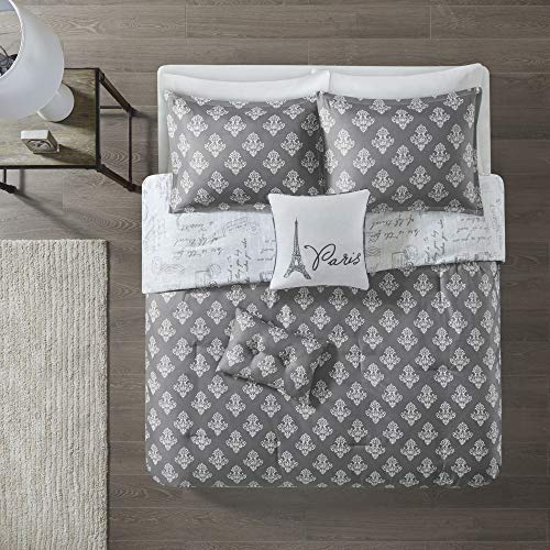 510 DESIGN 5DS10-0174 Marseille 5-Piece Reversible Paris Printed Comforter Set Gray/Charcoal Full/Queen