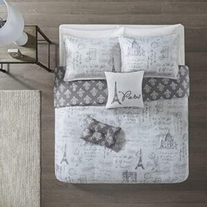 510 DESIGN 5DS10-0174 Marseille 5-Piece Reversible Paris Printed Comforter Set Gray/Charcoal Full/Queen