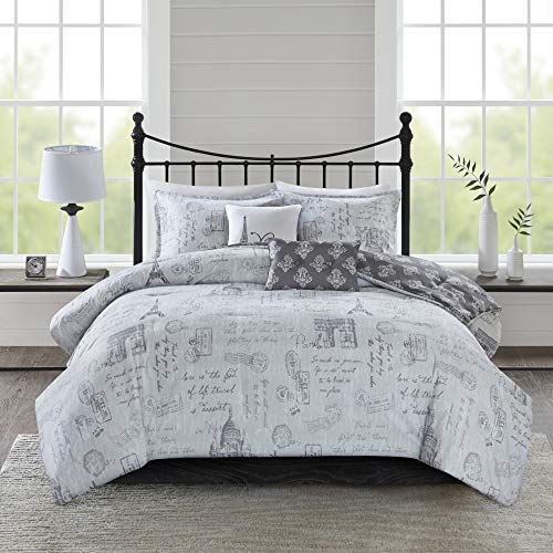 510 DESIGN 5DS10-0174 Marseille 5-Piece Reversible Paris Printed Comforter Set Gray/Charcoal Full/Queen