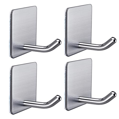 Towel Hooks Holder Adhesive Wall Hooks Stainless Steel Waterproof Shower Heavy Duty Stick on Hooks for Hanging Coat, Hat,Towel Robe Hook Rack Wall Mount- Bathroom and Bedroom 4-Packs