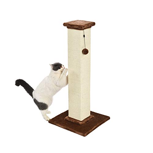 Amazon Basics Tall Cat Scratching Post with Jute Fiber and Brown Carpet, Large, 16’’ x 16’’ x 35’’