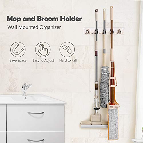 Toolsempire Broom and Mop Holder Wall Mounted Garden Tool Rack Garage Storage Organizer Rack 5 Position with 6 Hooks