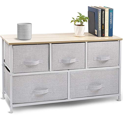 Wide Drawer Dresser Storage Organizer - CERBIOR 5-Drawer Closet Shelves, Sturdy Steel Frame Wood Top with Easy Pull Fabric Bins for Clothing, Blankets- Grey