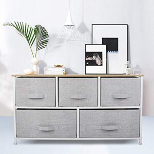 Wide Drawer Dresser Storage Organizer - CERBIOR 5-Drawer Closet Shelves, Sturdy Steel Frame Wood Top with Easy Pull Fabric Bins for Clothing, Blankets- Grey