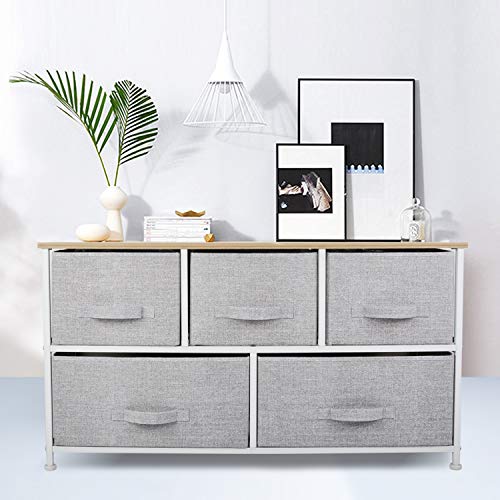 Wide Drawer Dresser Storage Organizer - CERBIOR 5-Drawer Closet Shelves, Sturdy Steel Frame Wood Top with Easy Pull Fabric Bins for Clothing, Blankets- Grey