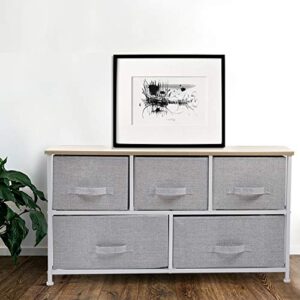 Wide Drawer Dresser Storage Organizer - CERBIOR 5-Drawer Closet Shelves, Sturdy Steel Frame Wood Top with Easy Pull Fabric Bins for Clothing, Blankets- Grey