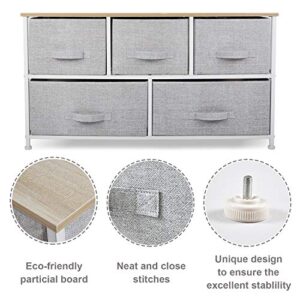 Wide Drawer Dresser Storage Organizer - CERBIOR 5-Drawer Closet Shelves, Sturdy Steel Frame Wood Top with Easy Pull Fabric Bins for Clothing, Blankets- Grey