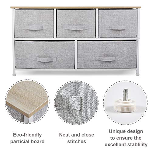 Wide Drawer Dresser Storage Organizer - CERBIOR 5-Drawer Closet Shelves, Sturdy Steel Frame Wood Top with Easy Pull Fabric Bins for Clothing, Blankets- Grey