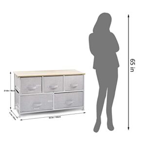 Wide Drawer Dresser Storage Organizer - CERBIOR 5-Drawer Closet Shelves, Sturdy Steel Frame Wood Top with Easy Pull Fabric Bins for Clothing, Blankets- Grey