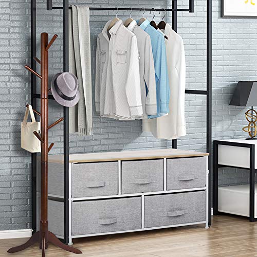 Wide Drawer Dresser Storage Organizer - CERBIOR 5-Drawer Closet Shelves, Sturdy Steel Frame Wood Top with Easy Pull Fabric Bins for Clothing, Blankets- Grey