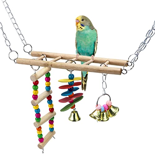 Bird Ladder Toy Hanging Swing Natural Wood Hammock Toy for Small Parrot Parakeet Cockatiel African Grey Cockatoos Conure Finch Cage Accessories(B)