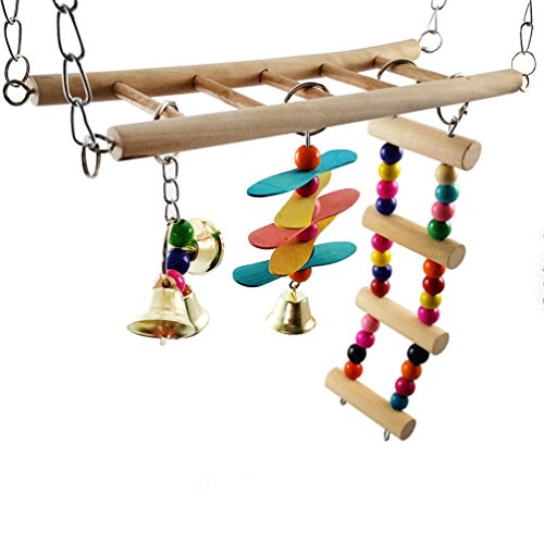 Bird Ladder Toy Hanging Swing Natural Wood Hammock Toy for Small Parrot Parakeet Cockatiel African Grey Cockatoos Conure Finch Cage Accessories(B)