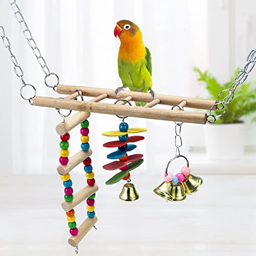 Bird Ladder Toy Hanging Swing Natural Wood Hammock Toy for Small Parrot Parakeet Cockatiel African Grey Cockatoos Conure Finch Cage Accessories(B)