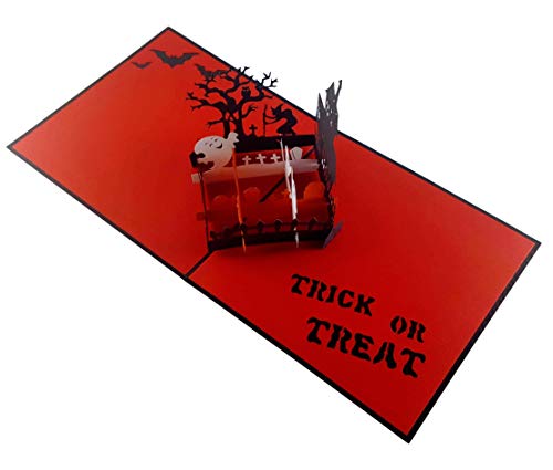 iGifts And Cards Trick or Treat Halloween 3D Pop Up Greeting Card - Cute Jack-O-Lantern, Pumpkin, Happy Birthday Gift, Haunted Mansion Hitchhiking Ghosts, Spooky Witch, Scary Owl, Chilling Cementery