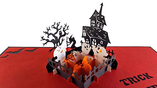 iGifts And Cards Trick or Treat Halloween 3D Pop Up Greeting Card - Cute Jack-O-Lantern, Pumpkin, Happy Birthday Gift, Haunted Mansion Hitchhiking Ghosts, Spooky Witch, Scary Owl, Chilling Cementery