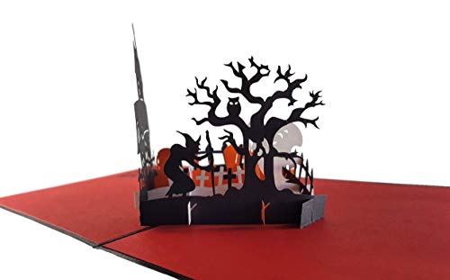 iGifts And Cards Trick or Treat Halloween 3D Pop Up Greeting Card - Cute Jack-O-Lantern, Pumpkin, Happy Birthday Gift, Haunted Mansion Hitchhiking Ghosts, Spooky Witch, Scary Owl, Chilling Cementery