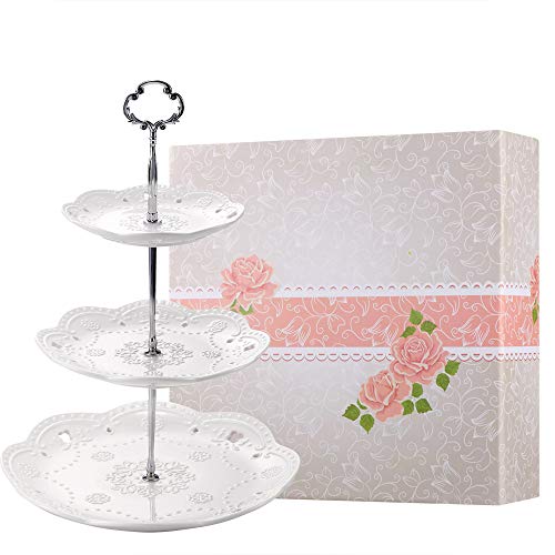 BonNoces 3-Tier Porcelain Cupcake Stand Serving Tray - White Embossed Elegant Dessert Cake Stand - Pastry Serving Stand for Tea Party, Wedding and Birthday