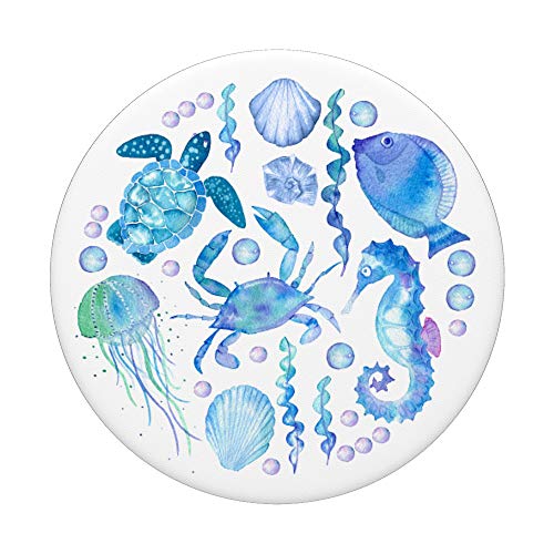 Cute Sea Ocean Life Turtle Crab Seahorse Fish Watercolor PopSockets PopGrip: Swappable Grip for Phones & Tablets