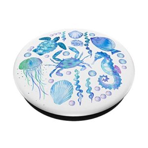 Cute Sea Ocean Life Turtle Crab Seahorse Fish Watercolor PopSockets PopGrip: Swappable Grip for Phones & Tablets