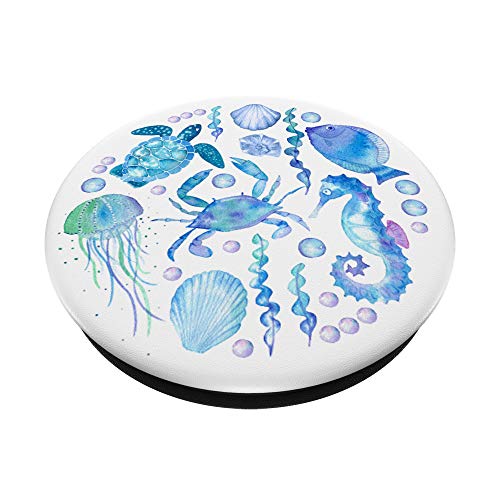 Cute Sea Ocean Life Turtle Crab Seahorse Fish Watercolor PopSockets PopGrip: Swappable Grip for Phones & Tablets