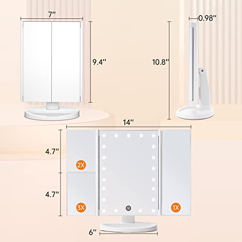 FASCINATE Trifold Vanity Mirror with Lights, Lighted Makeup Mirror 2X/3X Magnification, 21 LED Touch Dimming, Dual Power 90° Rotation Lit Beauty Table Mirror, Make up Mirror with Lighting (White)