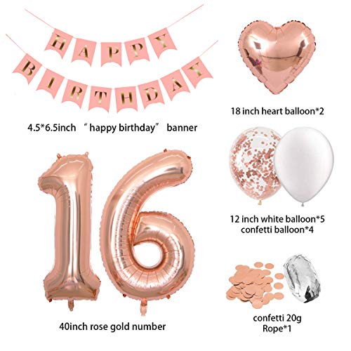 Sweet 16th Decorations Pink Happy Birthday Banner 40inch Rose Gold Number 16 Balloons Rose Gold Confetti Balloons 1" in Diameter Heart Confetti for 16th Birthday Party Supplies Photo Props