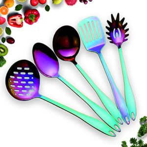 homquen stainless steel kitchen utensil set - 5 cooking utensils, rainbow color nonstick kitchen utensils set, colorful titanium plated set kitchen tools gadgets