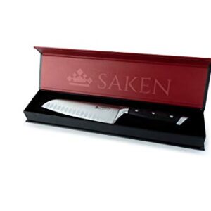 SAKEN Santoku Knife - 7-Inch Japanese Chef Knife with High-Carbon German Steel Blade, Granton Edge, and Ergonomic Handle - Multipurpose Kitchen Knife for Mincing, Slicing, and Dicing