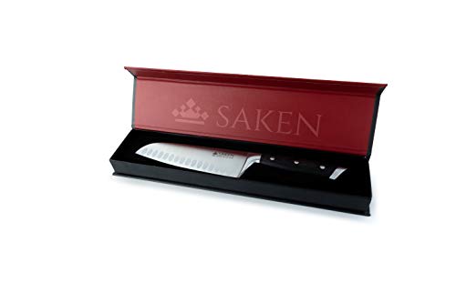 SAKEN Santoku Knife - 7-Inch Japanese Chef Knife with High-Carbon German Steel Blade, Granton Edge, and Ergonomic Handle - Multipurpose Kitchen Knife for Mincing, Slicing, and Dicing