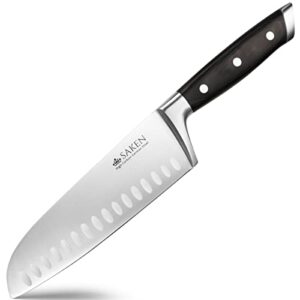 SAKEN Santoku Knife - 7-Inch Japanese Chef Knife with High-Carbon German Steel Blade, Granton Edge, and Ergonomic Handle - Multipurpose Kitchen Knife for Mincing, Slicing, and Dicing