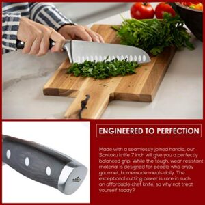 SAKEN Santoku Knife - 7-Inch Japanese Chef Knife with High-Carbon German Steel Blade, Granton Edge, and Ergonomic Handle - Multipurpose Kitchen Knife for Mincing, Slicing, and Dicing