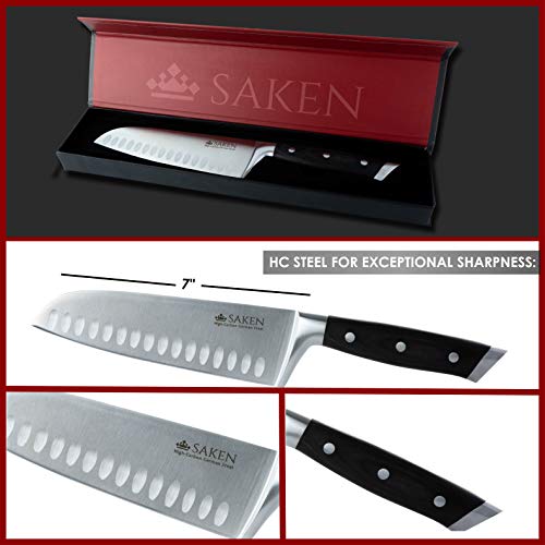 SAKEN Santoku Knife - 7-Inch Japanese Chef Knife with High-Carbon German Steel Blade, Granton Edge, and Ergonomic Handle - Multipurpose Kitchen Knife for Mincing, Slicing, and Dicing